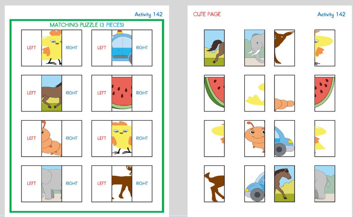 Matching Puzzle Printable,30 Pages,3 Pieces, Activity, Worksheet ...