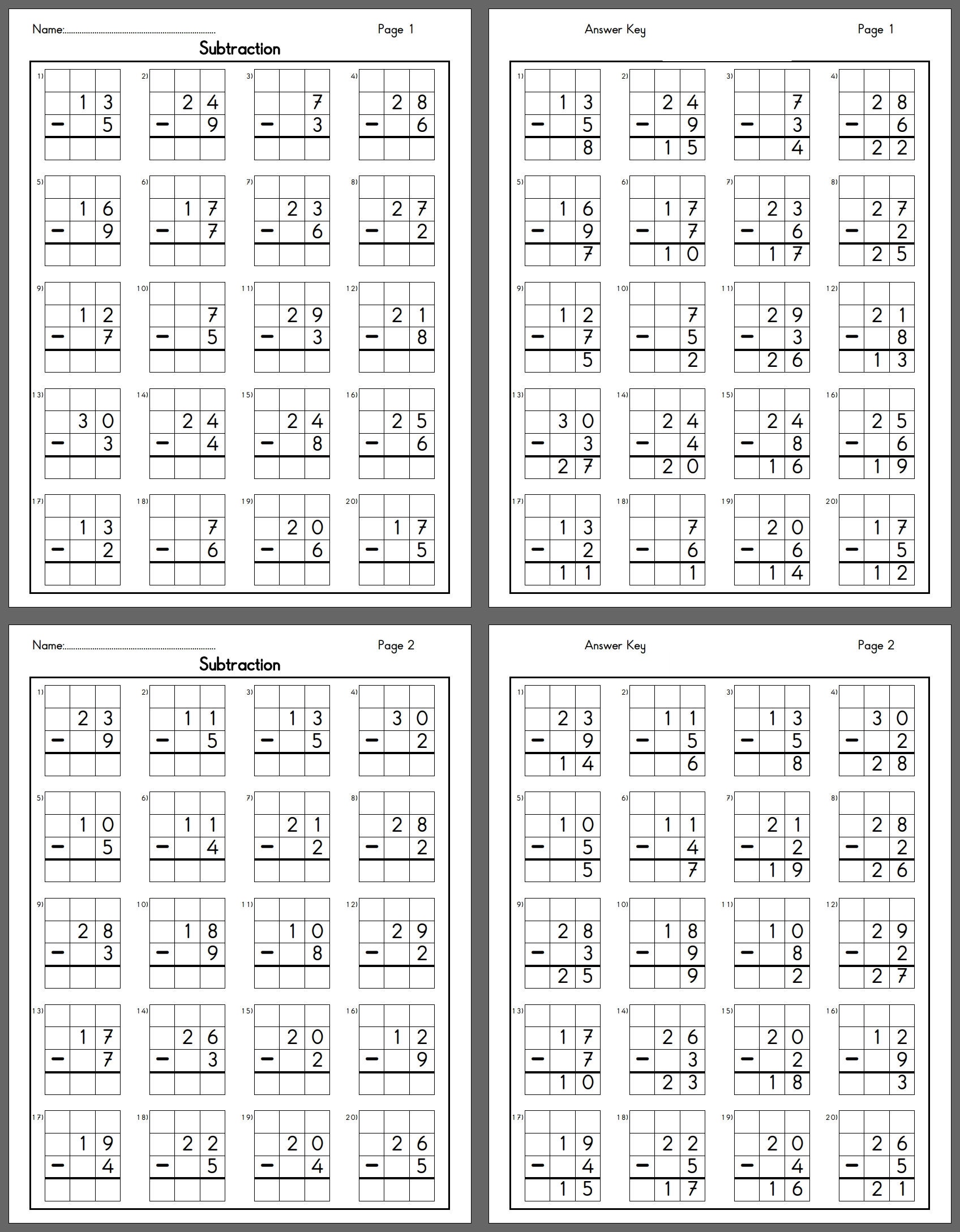 Subtraction Worksheets. 40 Printable Worksheets. Numbers 1-20 & Numbers ...