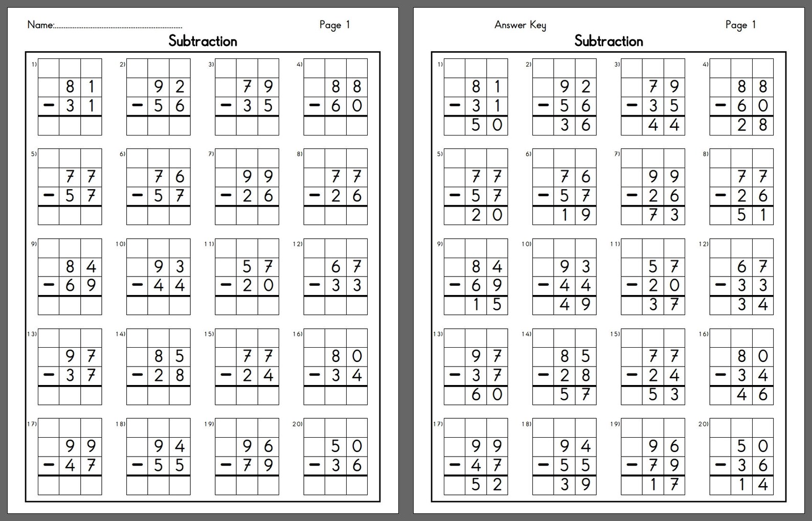 Subtraction Worksheets. 40 Printable Worksheets. Numbers 1-20 & Numbers ...
