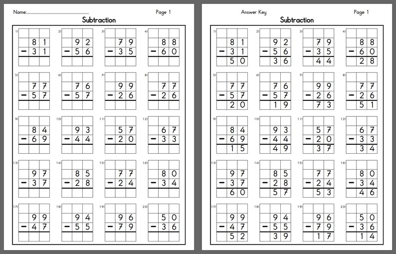 Subtraction Worksheets. 40 Printable Worksheets. Numbers 1-20 & Numbers ...