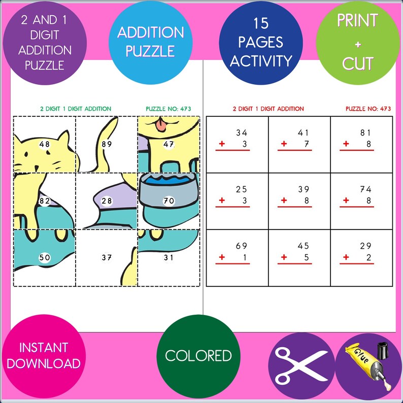 15 Puzzle for 2 and 1 Digit Addition. Addition (adding) Animal Puzzles ...