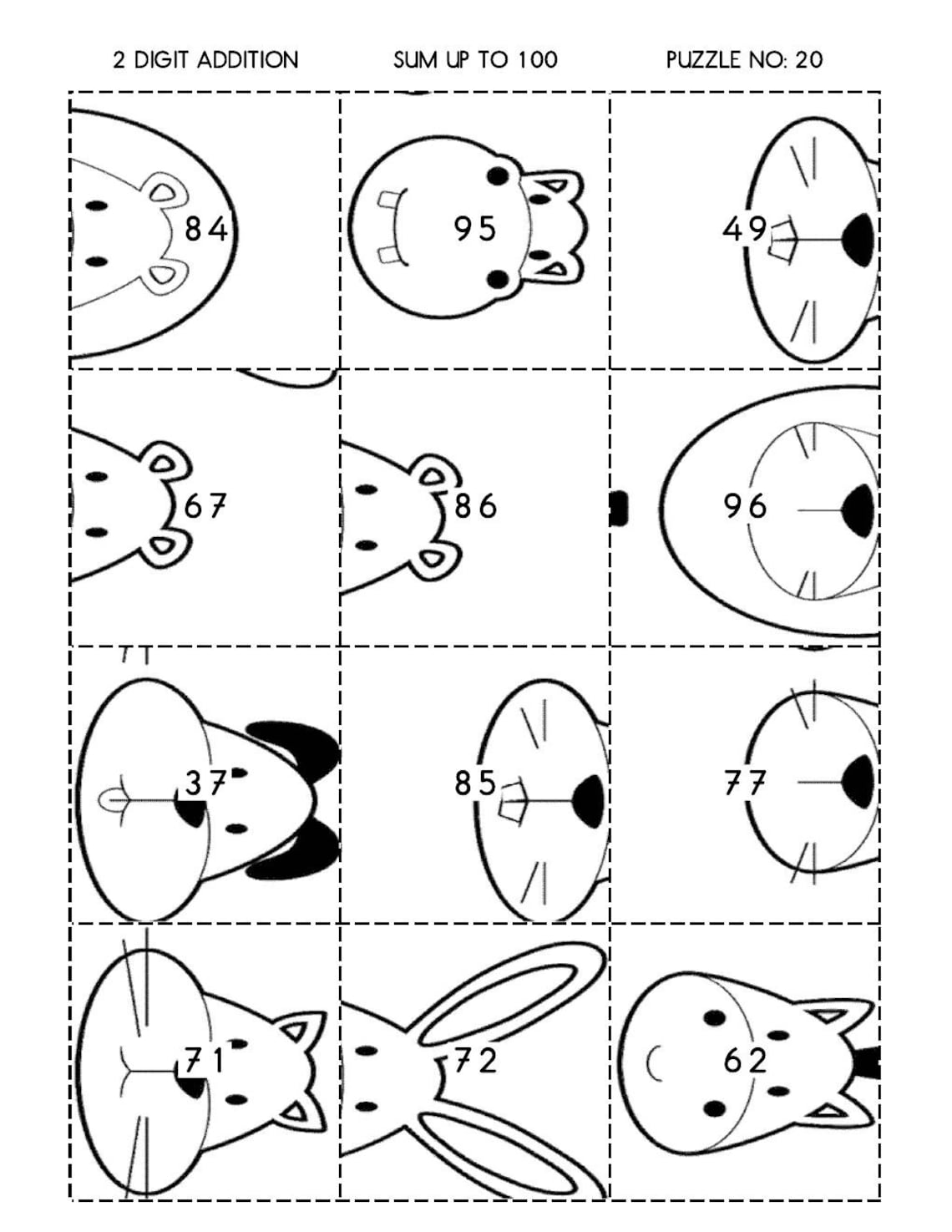 Rompecabezas de suma de 2 dígitos (blanco y negro) Suma hasta 100 ...