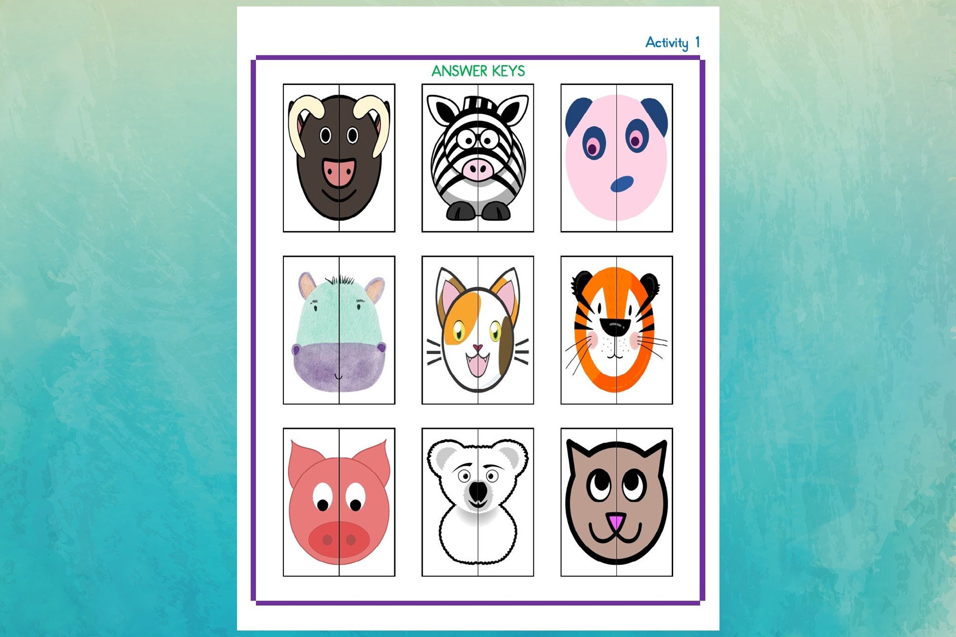 20 Animal Matching Puzzle Printable, Activity, Worksheet Homeschool ...