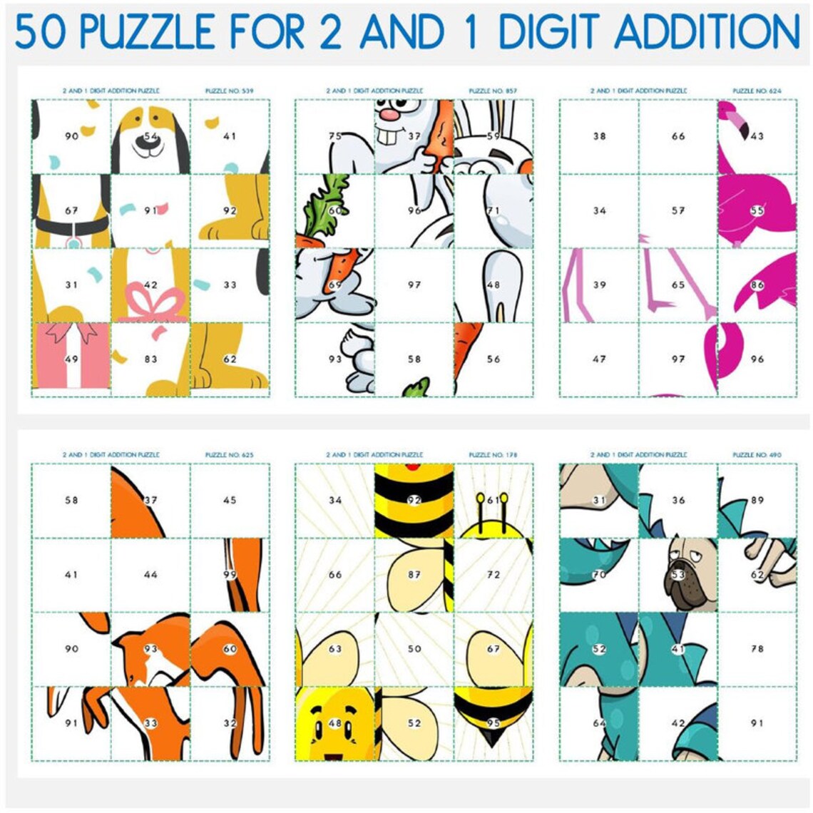 50 Puzzle for 2 and 1 Digit Addition. Addition (adding) Animal Puzzles ...
