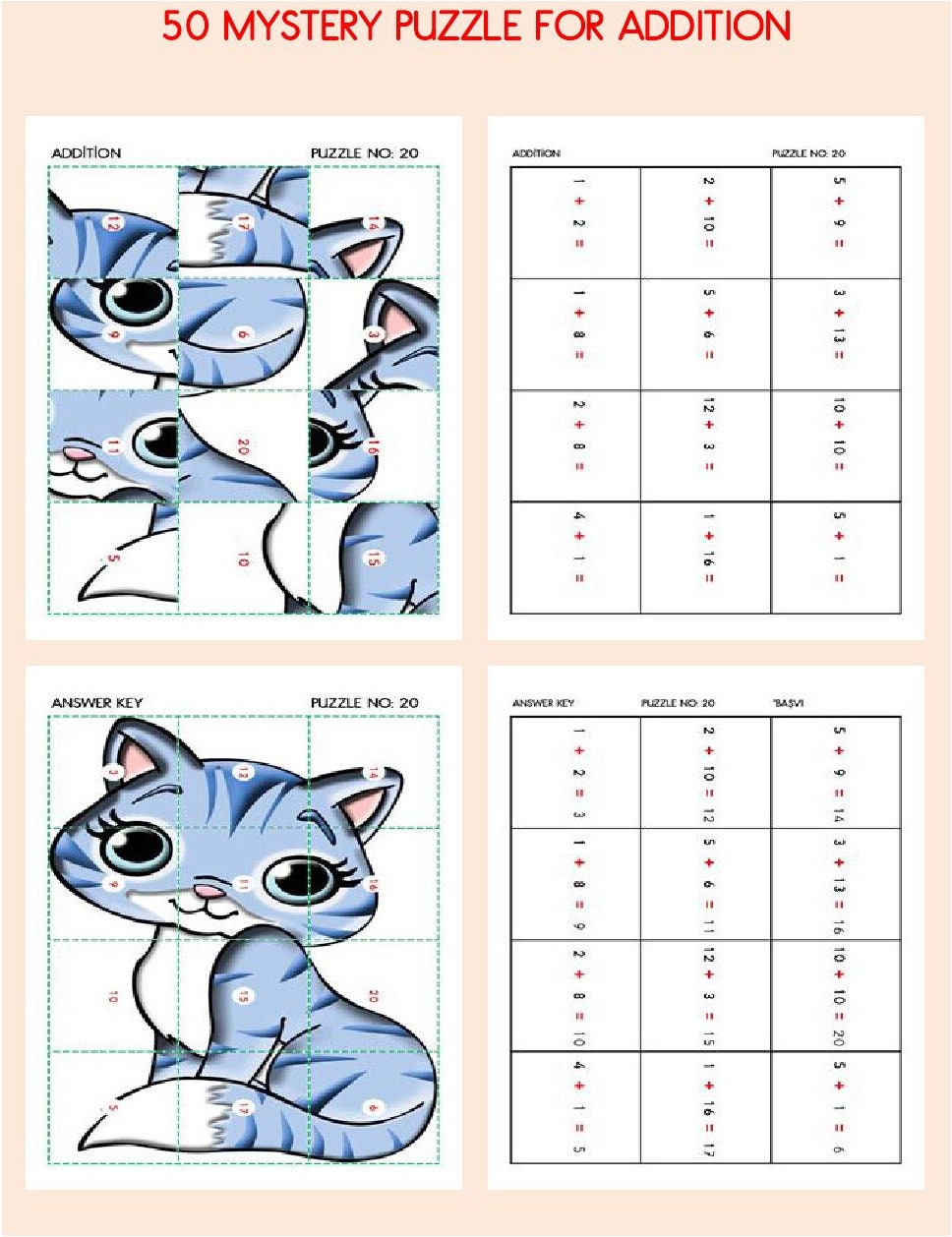 50 Puzzle for 1 Digit Addition. Addition (adding) Animal Puzzles for ...