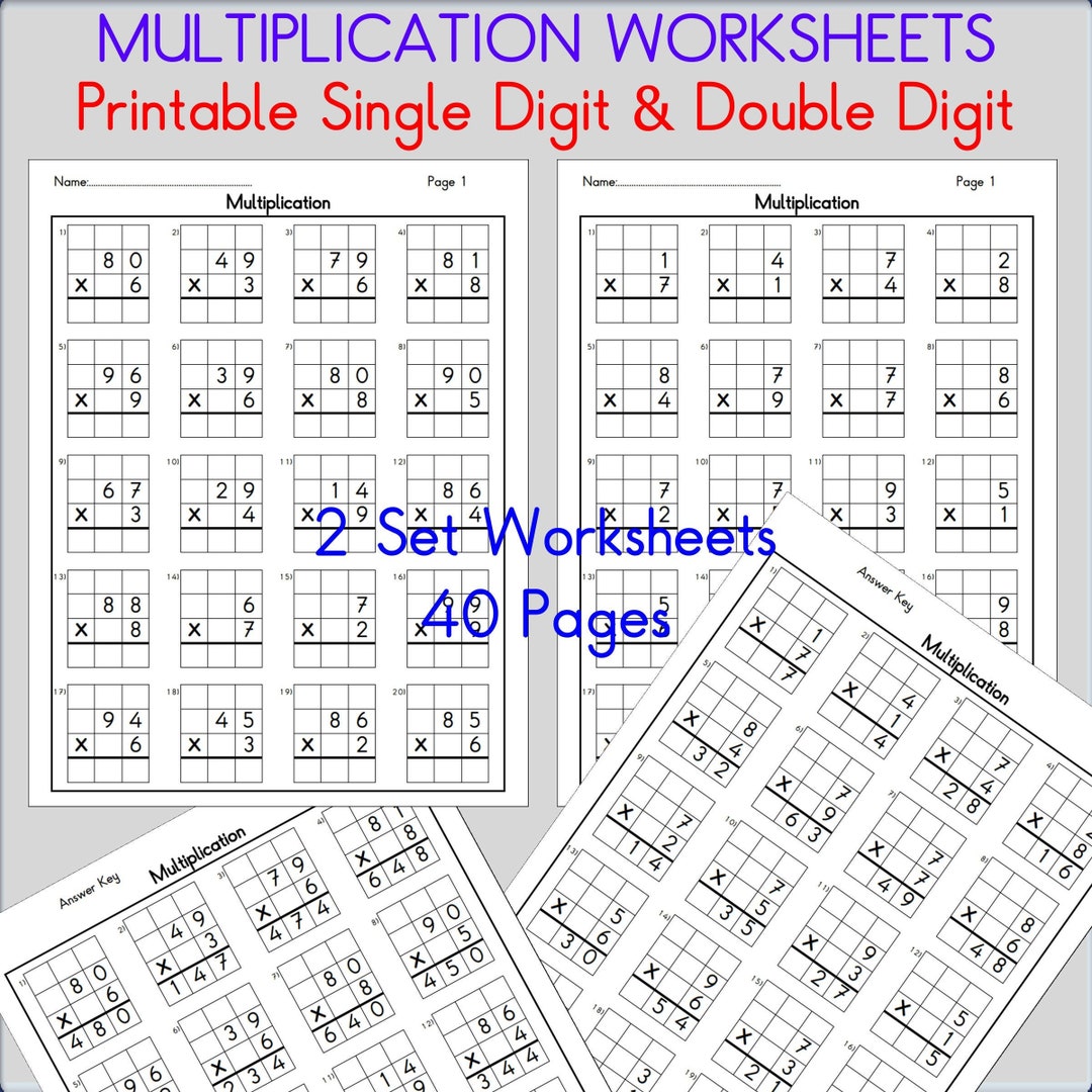 40 Pages Printable Single Digit & Double Digit Multiplication Math ...