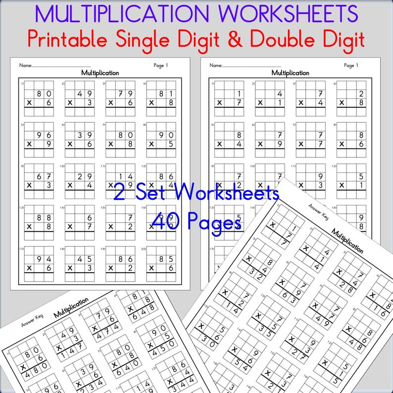 40 Pages Printable Single Digit & Double Digit Multiplication Math ...
