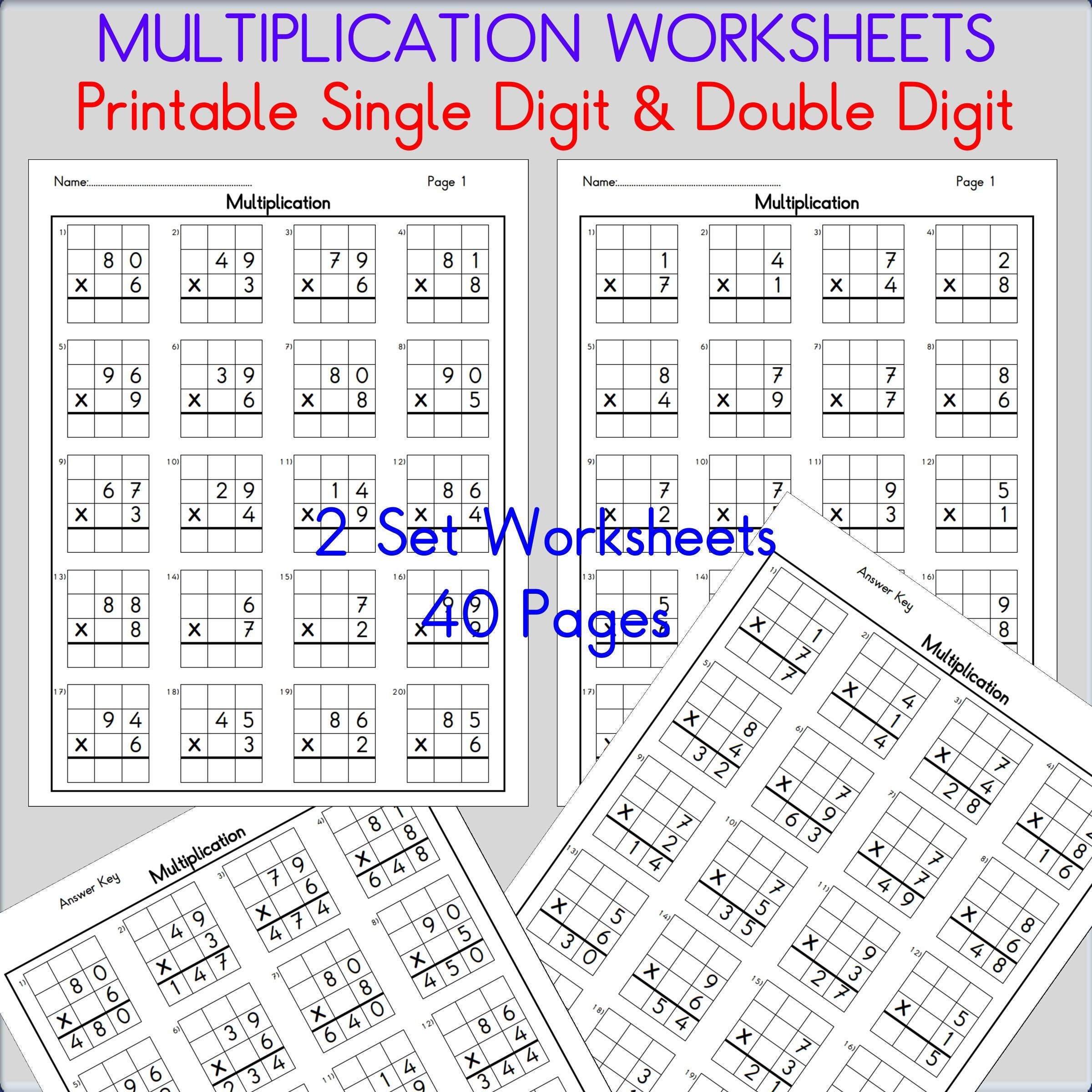 40 Pages Printable Single Digit & Double Digit Multiplication Math ...