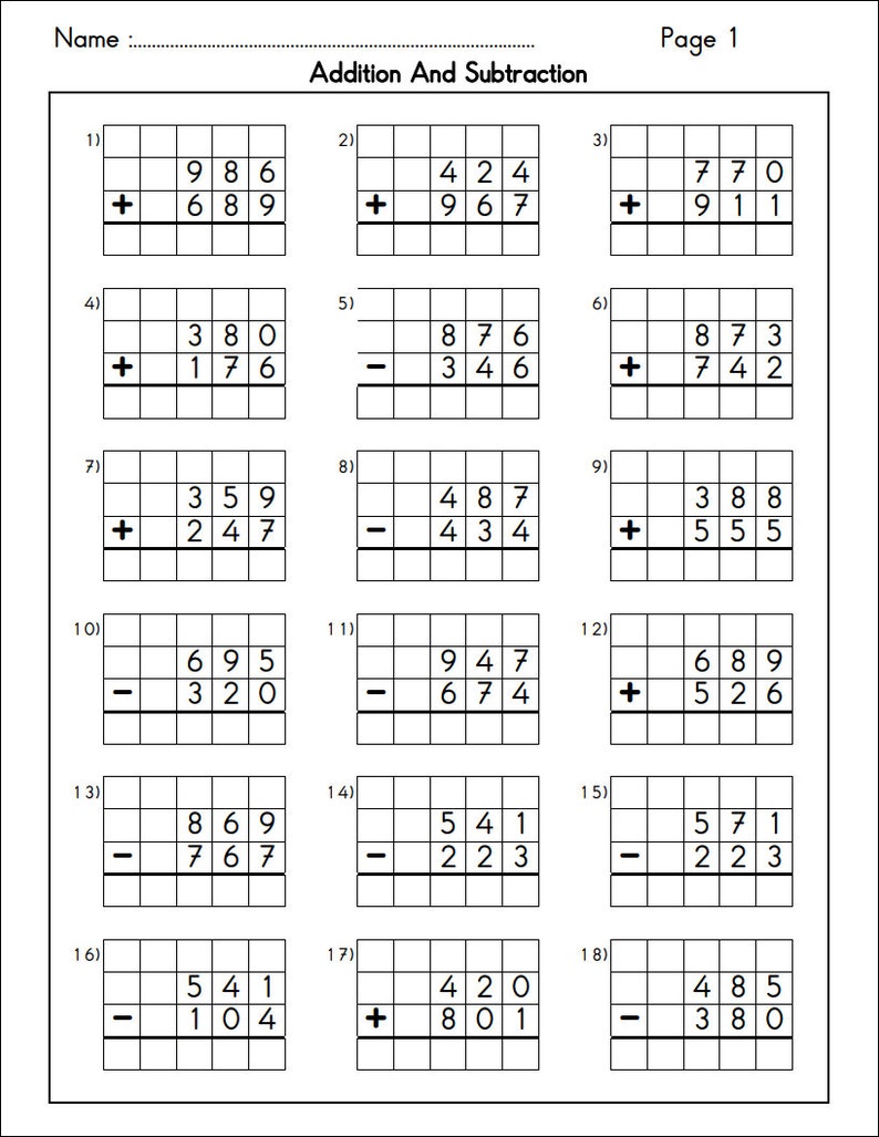 Addition and Subtraction Math Worksheets. 3 Digit & 4 Digit 40 Pages ...