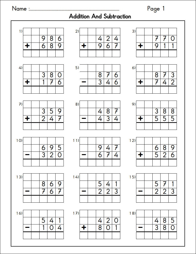 Addition and Subtraction Math Worksheets. 3 Digit & 4 Digit 40 Pages ...