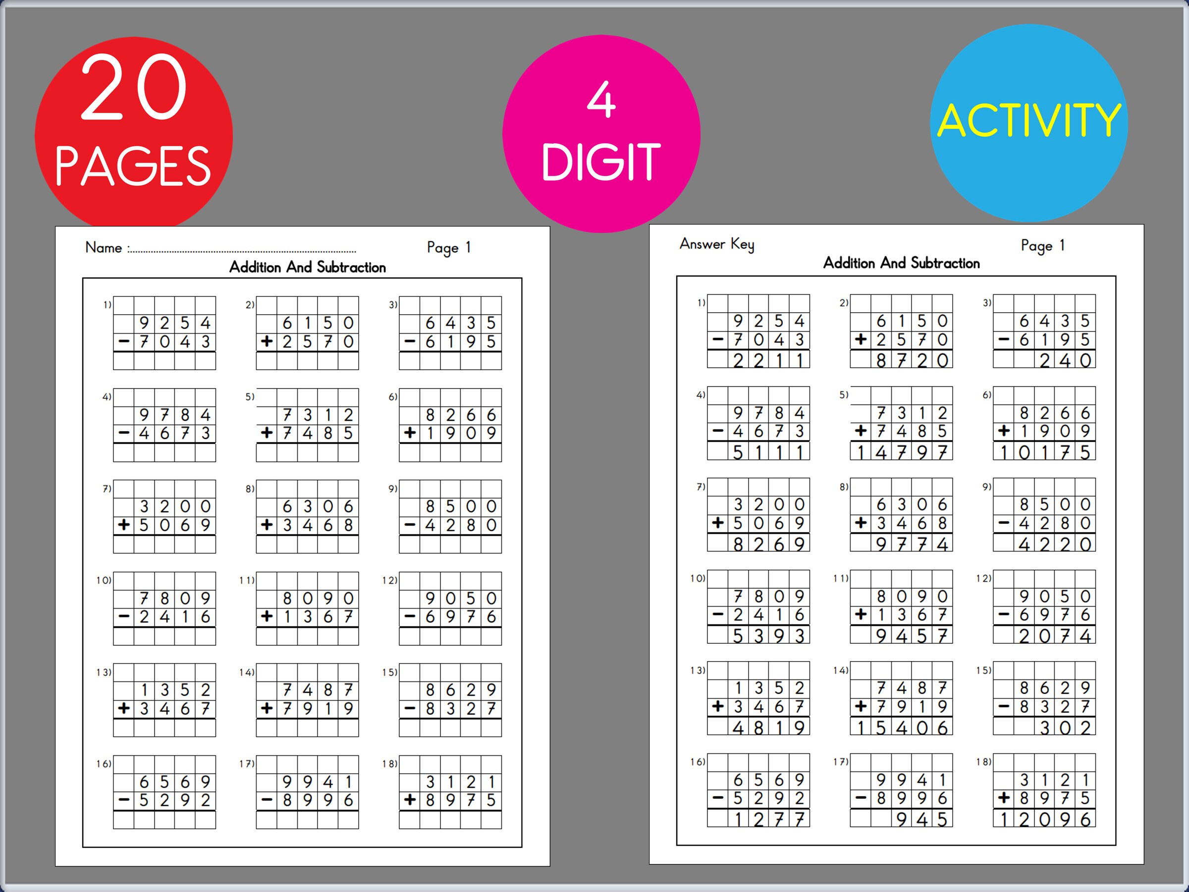 Addition and Subtraction Math Worksheets. 3 Digit & 4 Digit 40 Pages ...