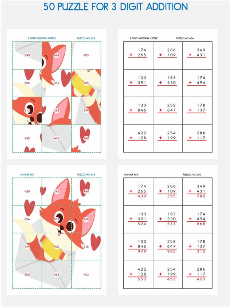 50 Puzzle for 3 Digit Addition. Addition (adding) Animal Puzzles for ...