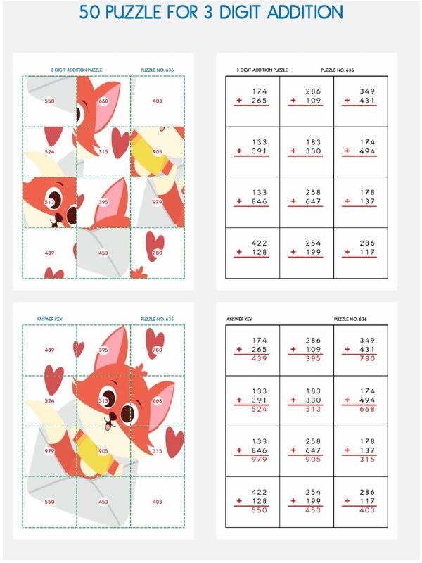 50 Puzzle for 3 Digit Addition. Addition (adding) Animal Puzzles for ...