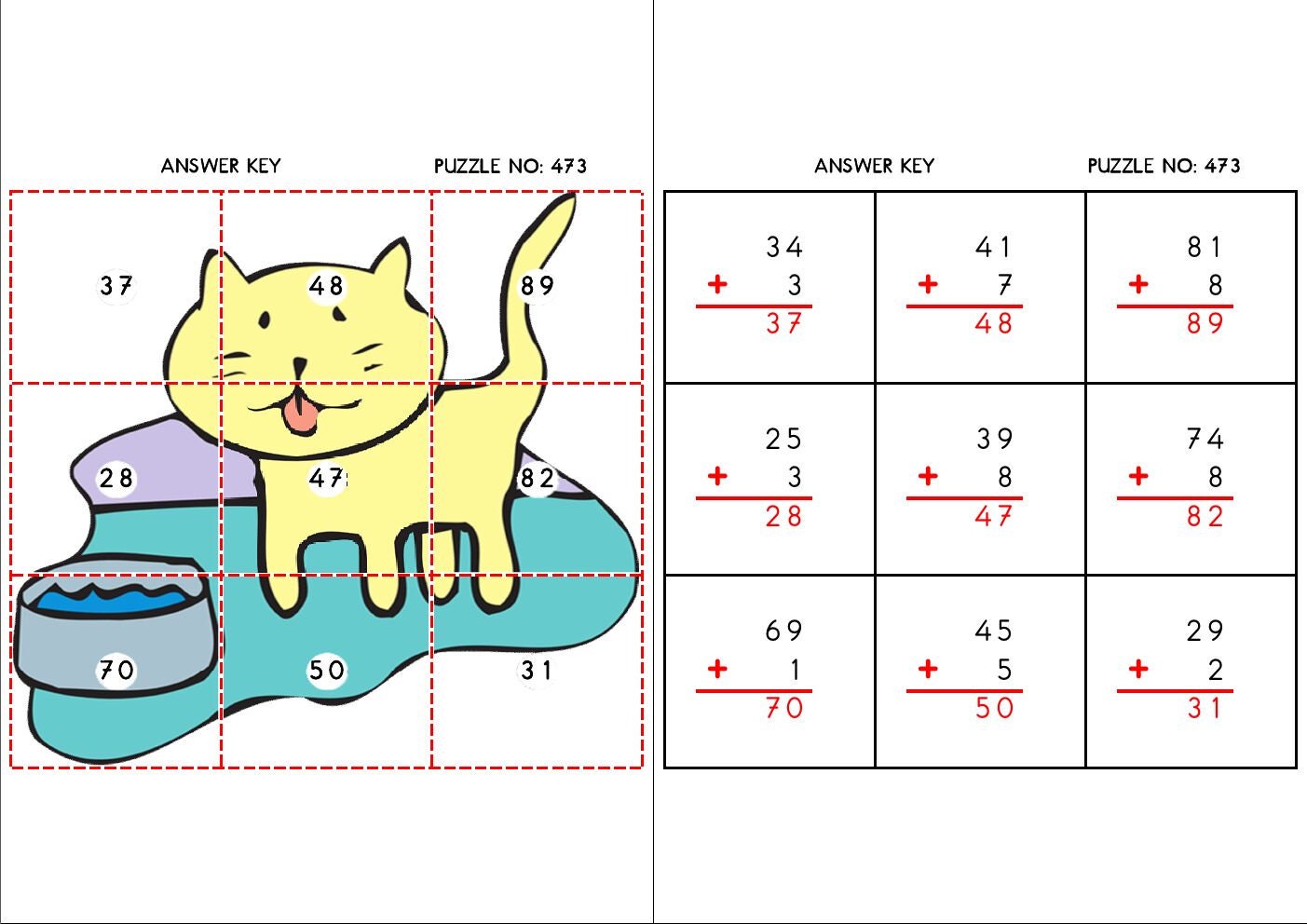 15 Puzzle for 2 and 1 Digit Addition. Addition (adding) Animal Puzzles ...