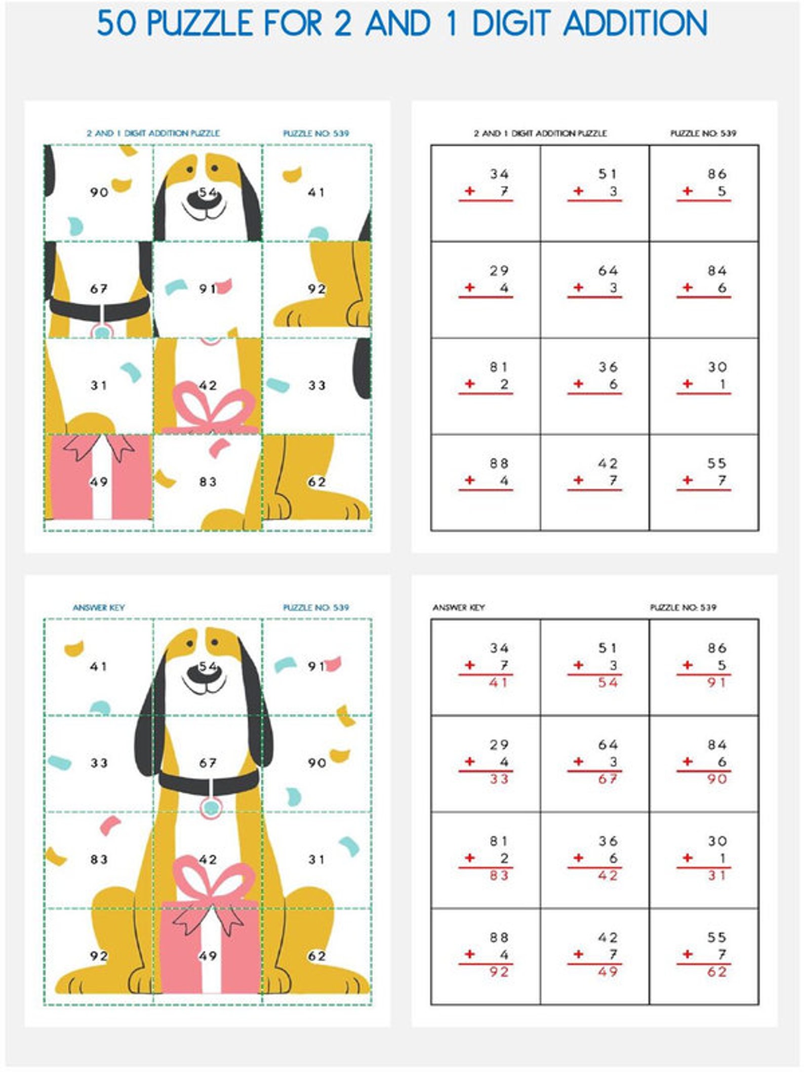 50 Puzzle for 2 and 1 Digit Addition. Addition (adding) Animal Puzzles ...