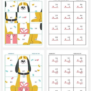 50 Puzzle for 2 and 1 Digit Addition. Addition (adding) Animal Puzzles ...
