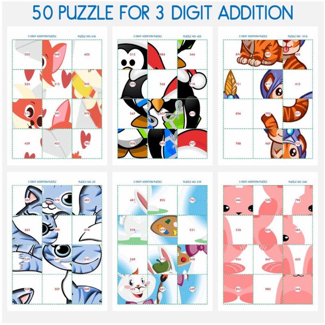 50 Puzzle for 3 Digit Addition. Addition adding Animal - Etsy