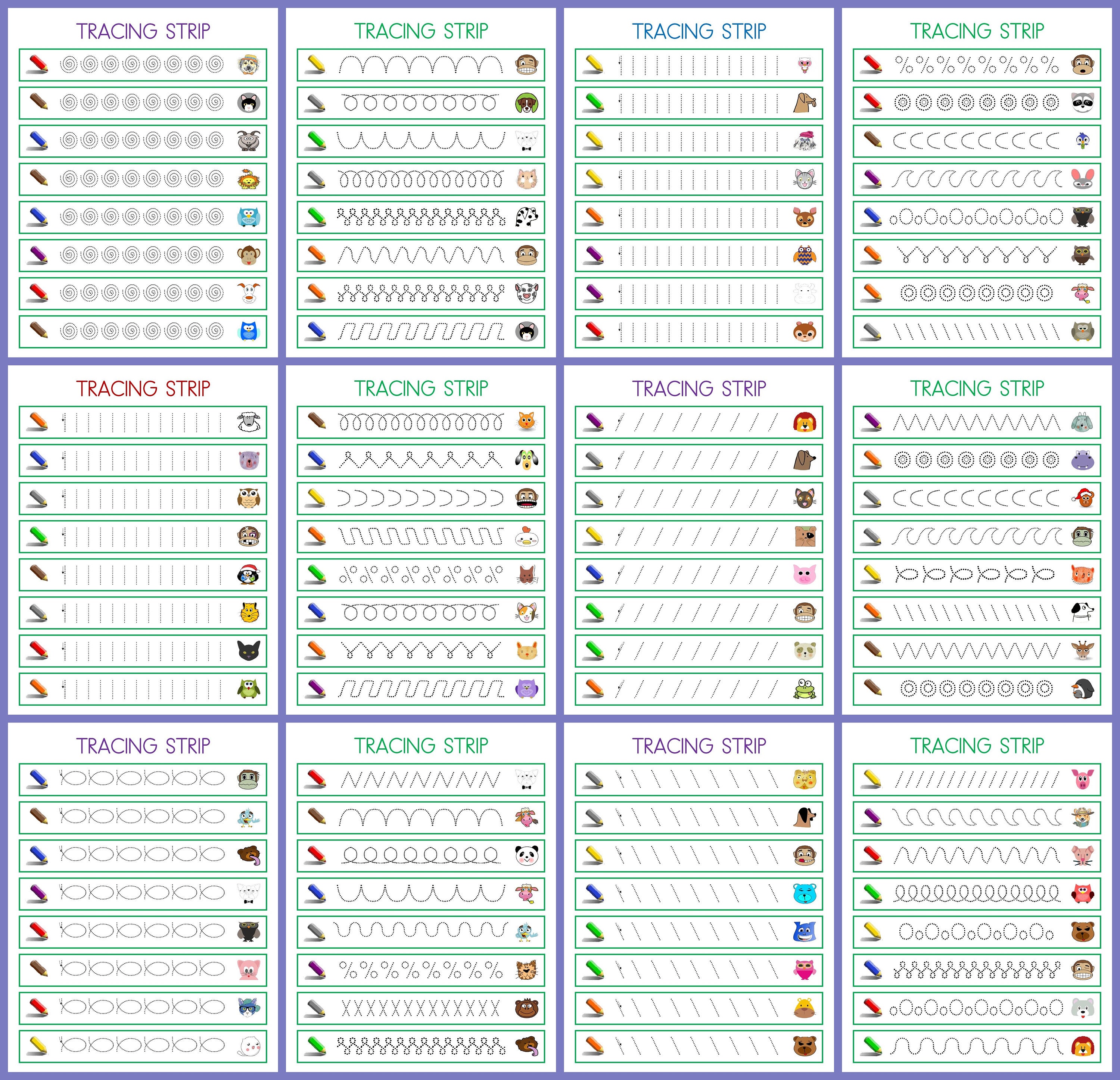 Animal Tracing Strips, Tracing Practice, Worksheets, Literacy Centers ...