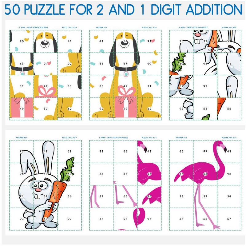 50 Puzzle for 2 and 1 Digit Addition. Addition (adding) Animal Puzzles ...