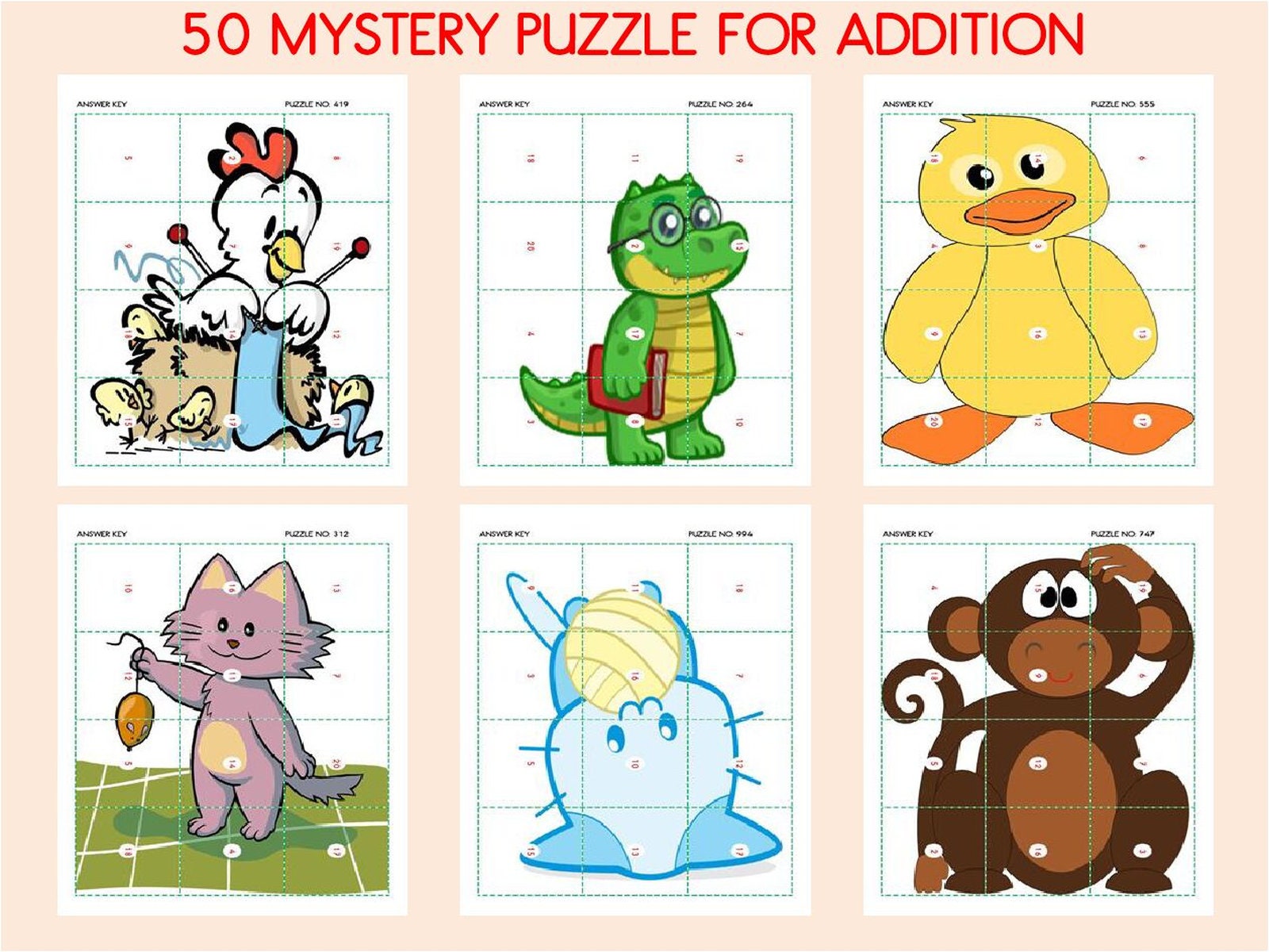 50 Puzzle for 1 Digit Addition. Addition (adding) Animal Puzzles for ...