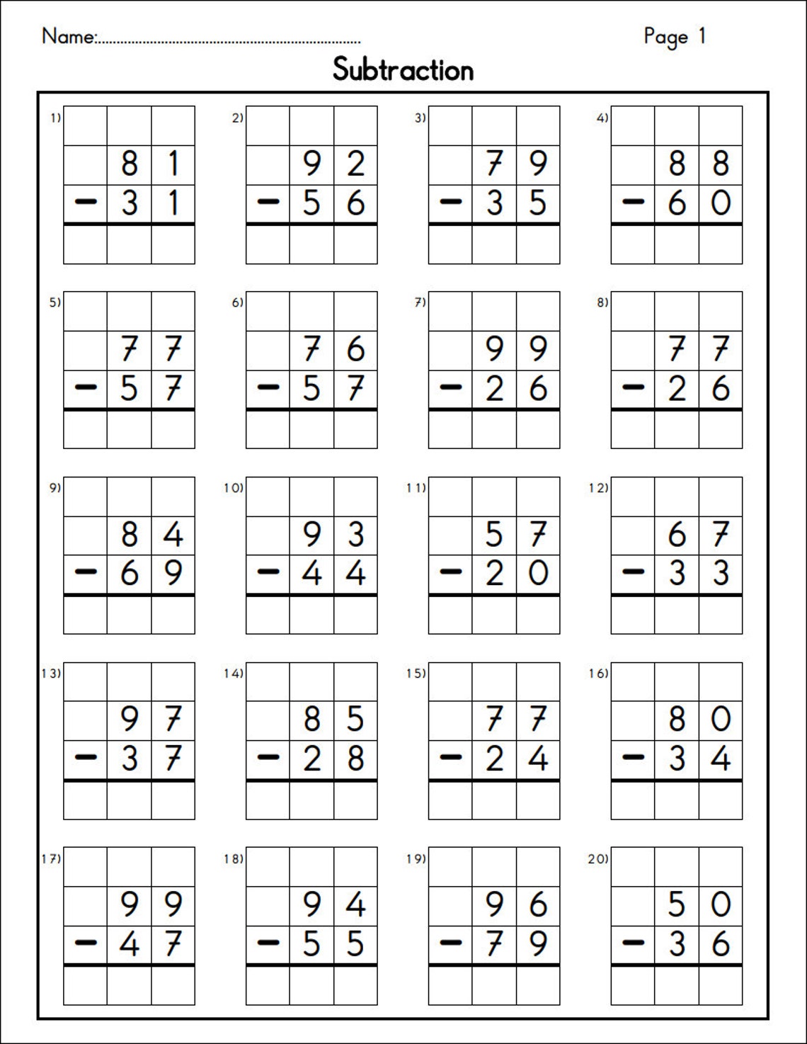 Subtraction Worksheets. 40 Printable Worksheets. Numbers 1-20 & Numbers ...
