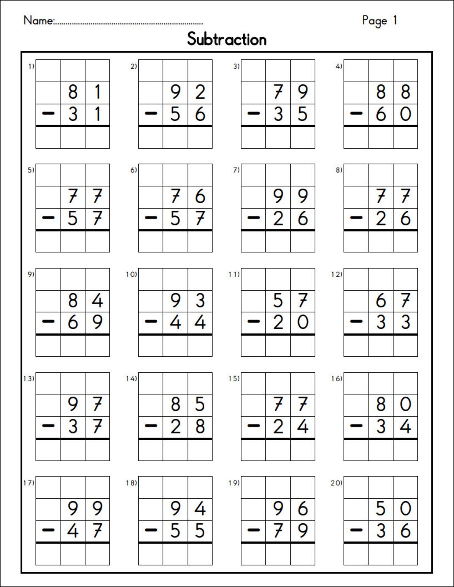 Subtraction Worksheets. 40 Printable Worksheets. Numbers 1-20 & Numbers ...