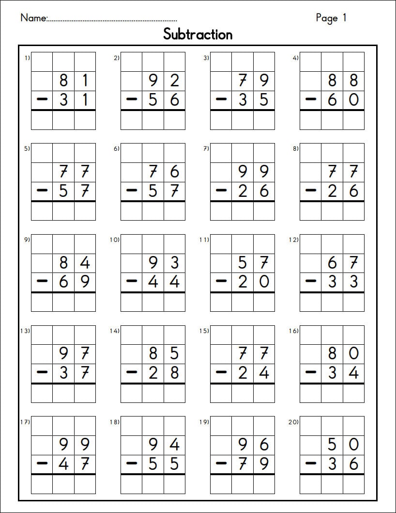 Subtraction Worksheets. 40 Printable Worksheets. Numbers 1-20 & Numbers ...