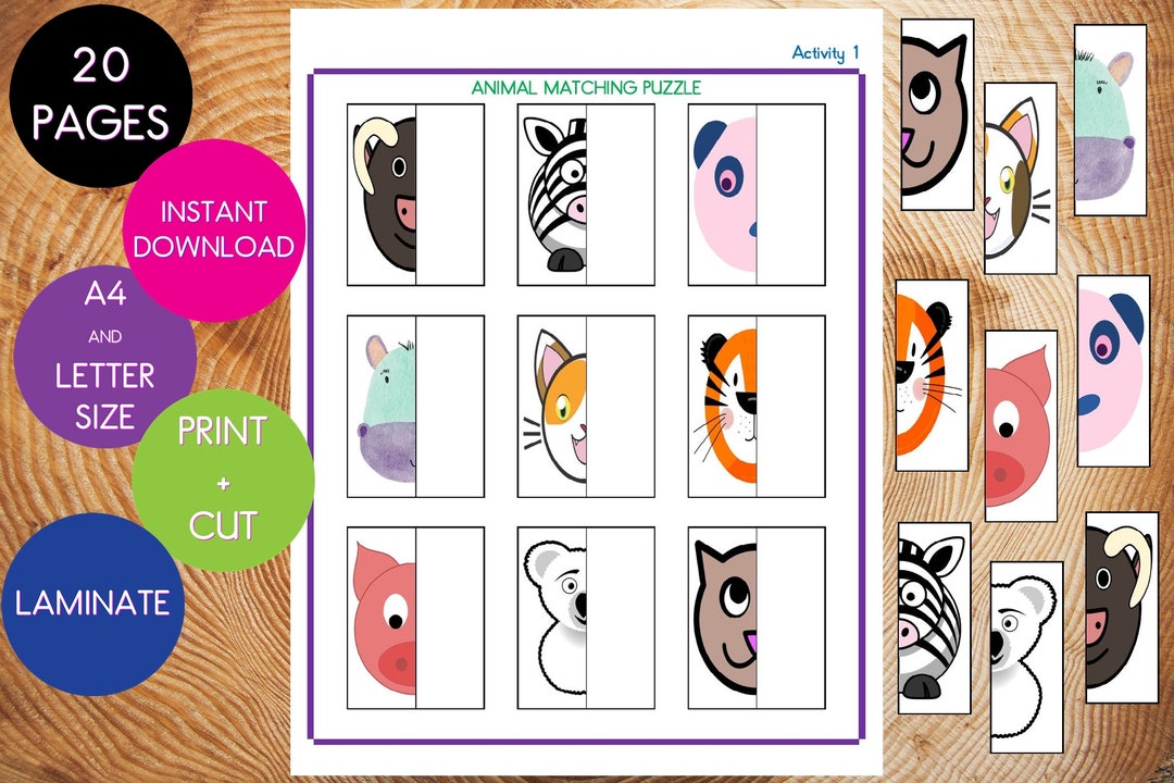20 Animal Matching Puzzle Printable, Activity, Worksheet Homeschool ...