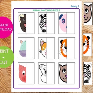 20 Animal Matching Puzzle Printable, Activity, Worksheet Homeschool ...