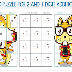 50 Puzzle for 2 and 1 Digit Addition. Addition (adding) Animal Puzzles ...