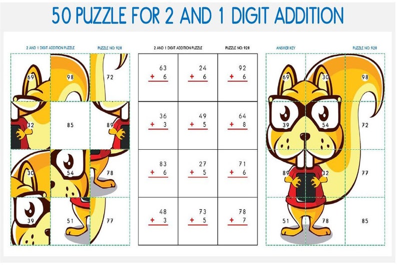 50 Puzzle for 2 and 1 Digit Addition. Addition (adding) Animal Puzzles ...