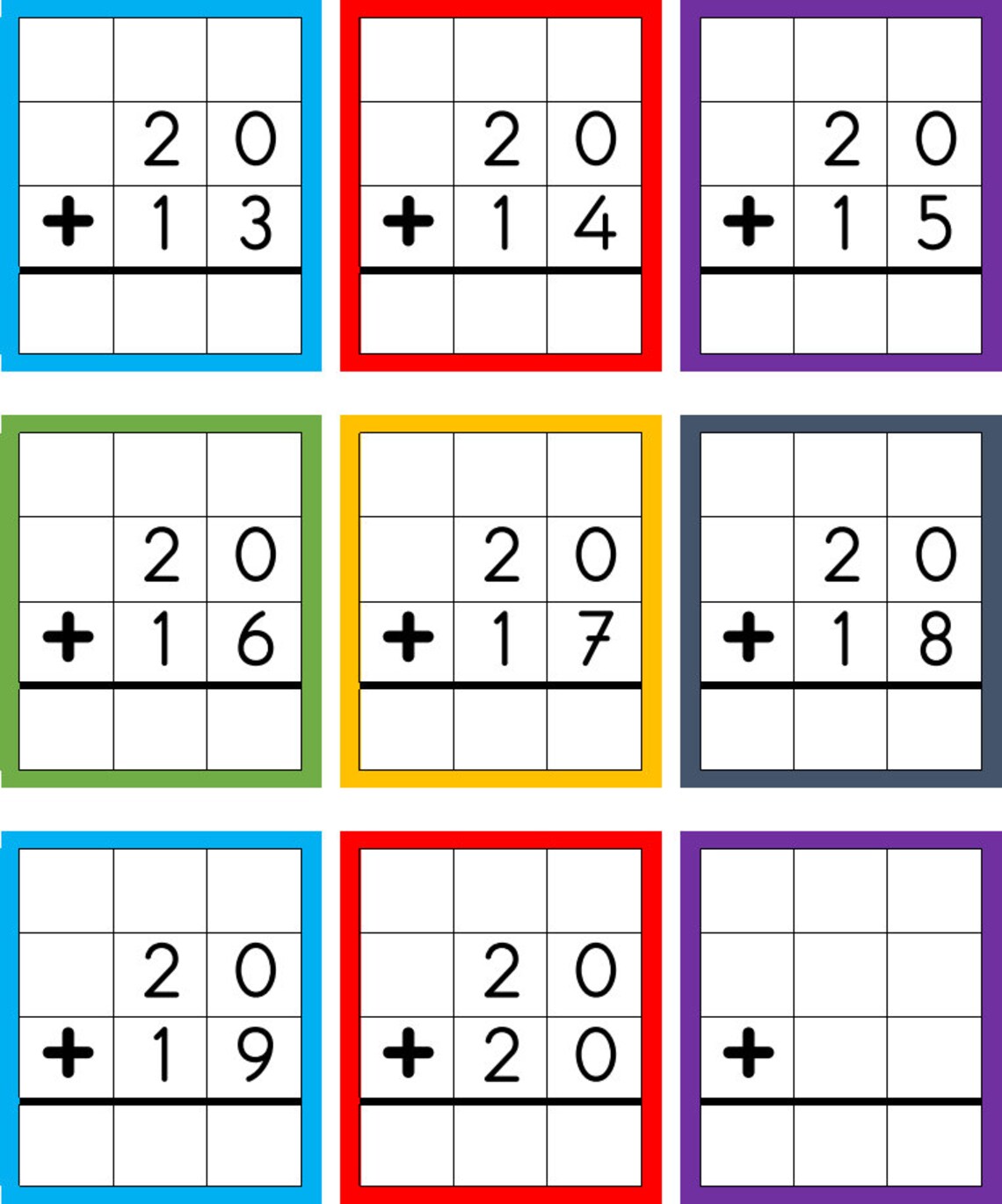 Addition Flash Cards Numbers 0 to 20 Printable Preschool Homeschool ...