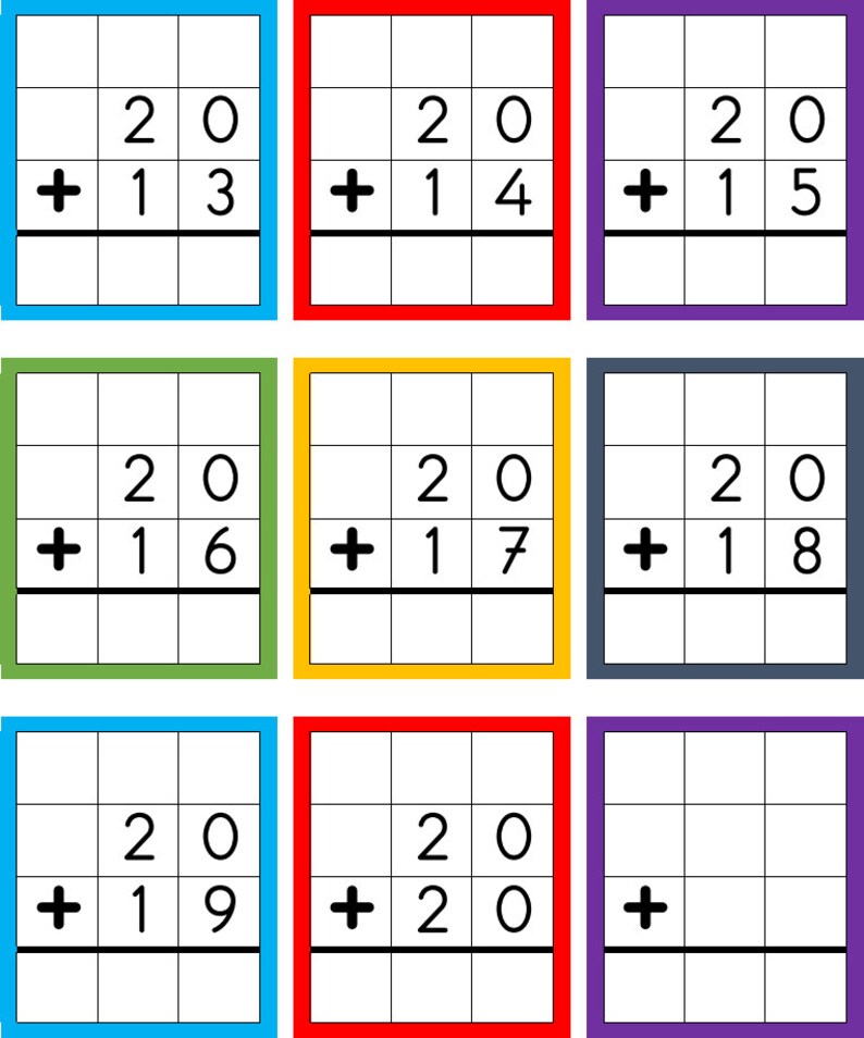 Addition Flash Cards Numbers 0 to 20 Printable Preschool Homeschool ...