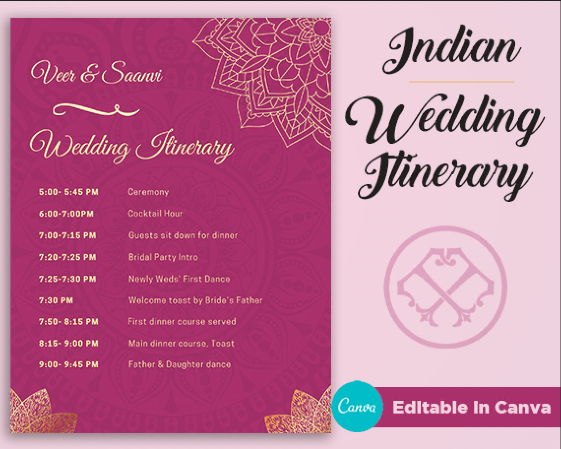 Indian Wedding Itinerary Template Indian Template Editable in Canva - Etsy