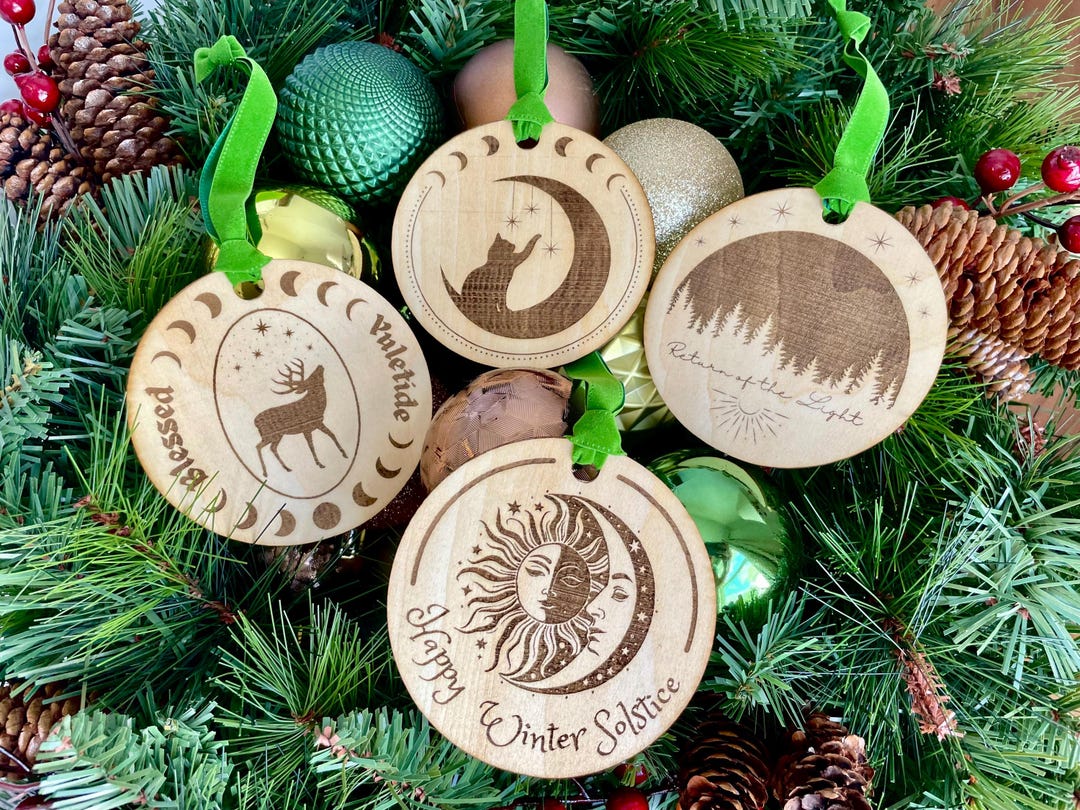 Yule Wood Ornaments: Winter Solstice Decor, Reindeer, Cat, Sun, Moon - Etsy