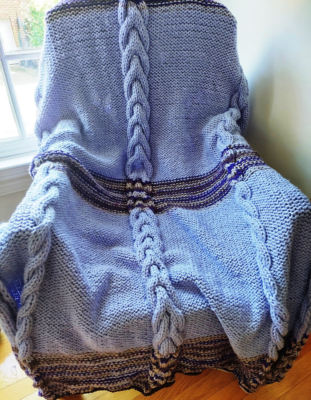 Multi-colored Afghan With Vertical Braided Cables. Accent Stripes Mixed ...