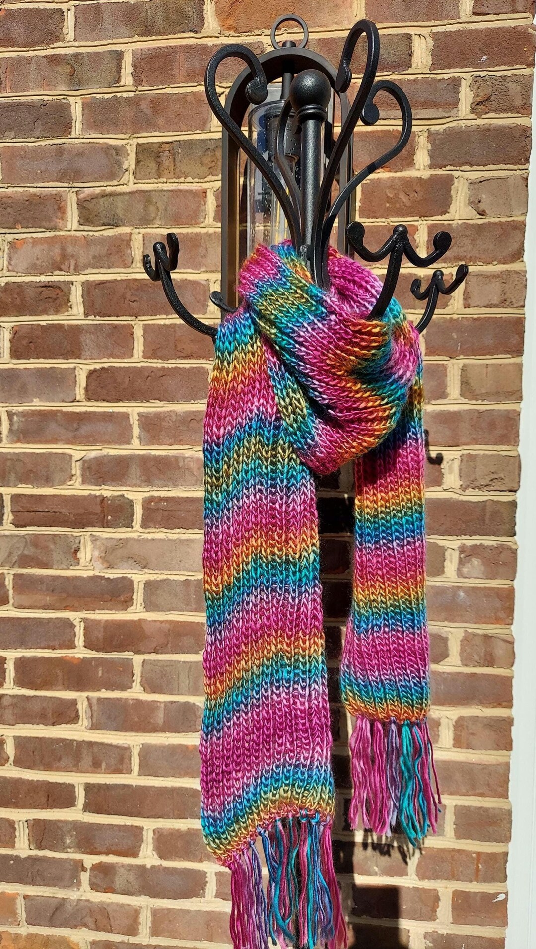 Soft Hand-knit Classic Brioche Multi-color Scarf With Fringe. Vibrant ...