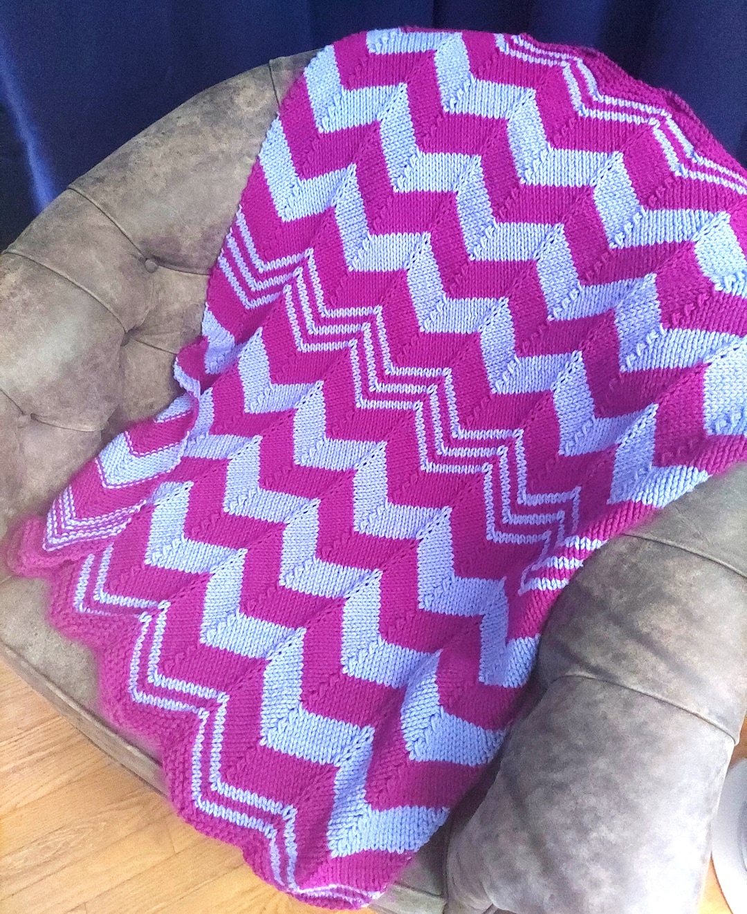 Baby Blanket Raspberry & Periwinkle in a Zigzag Pattern. Hand-knitted ...