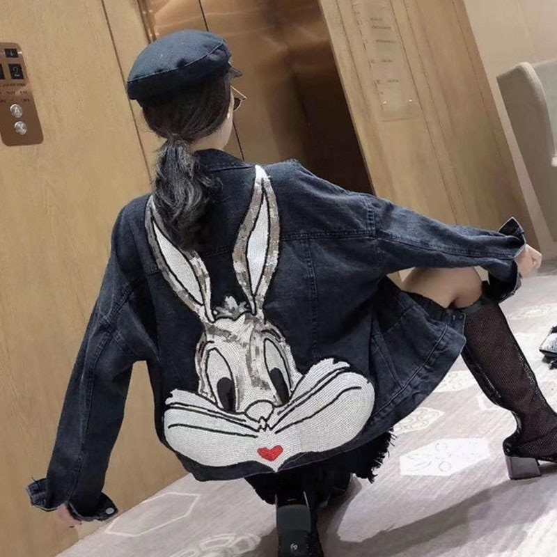Cartoon Denim Jacket Sequined Jacket With Cartoon Embroidery - Etsy