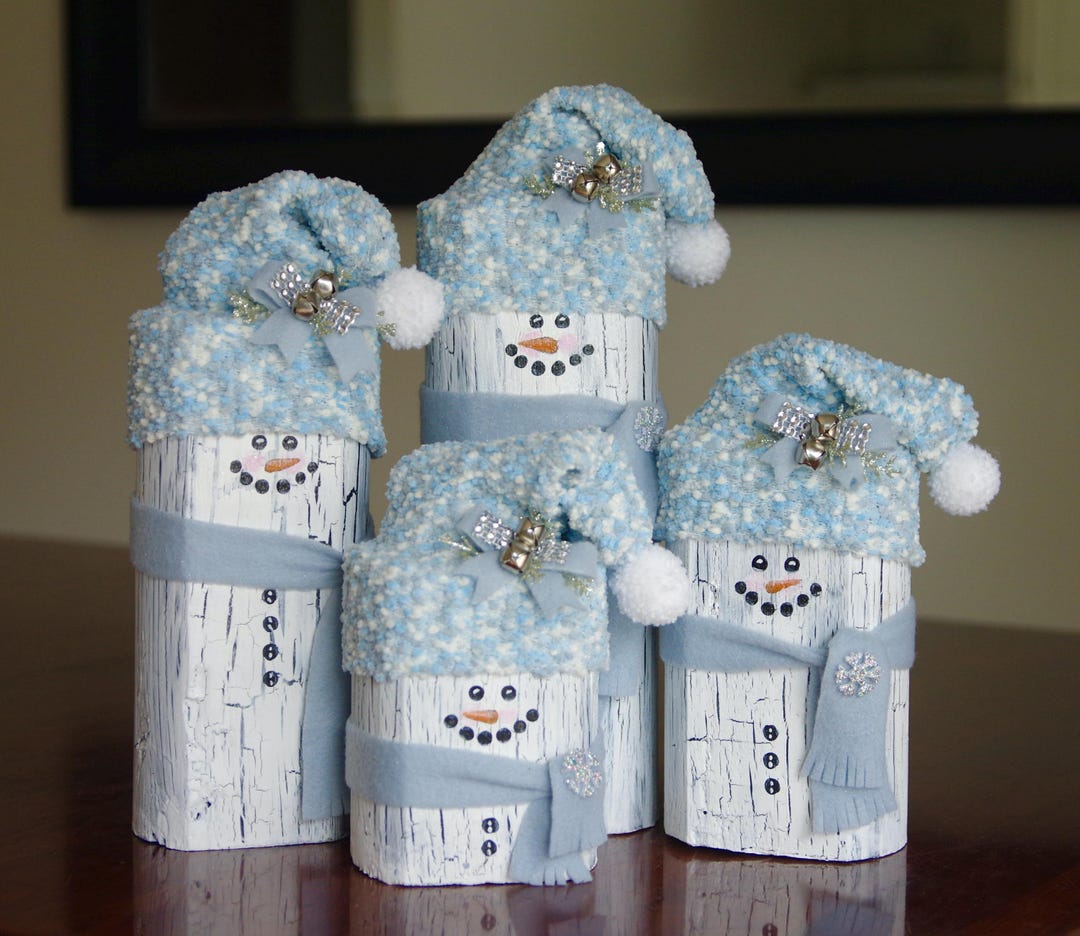 Set of 3 or 4 Wooden Snowmen With Blue, Gray and White Dot Hat and ...