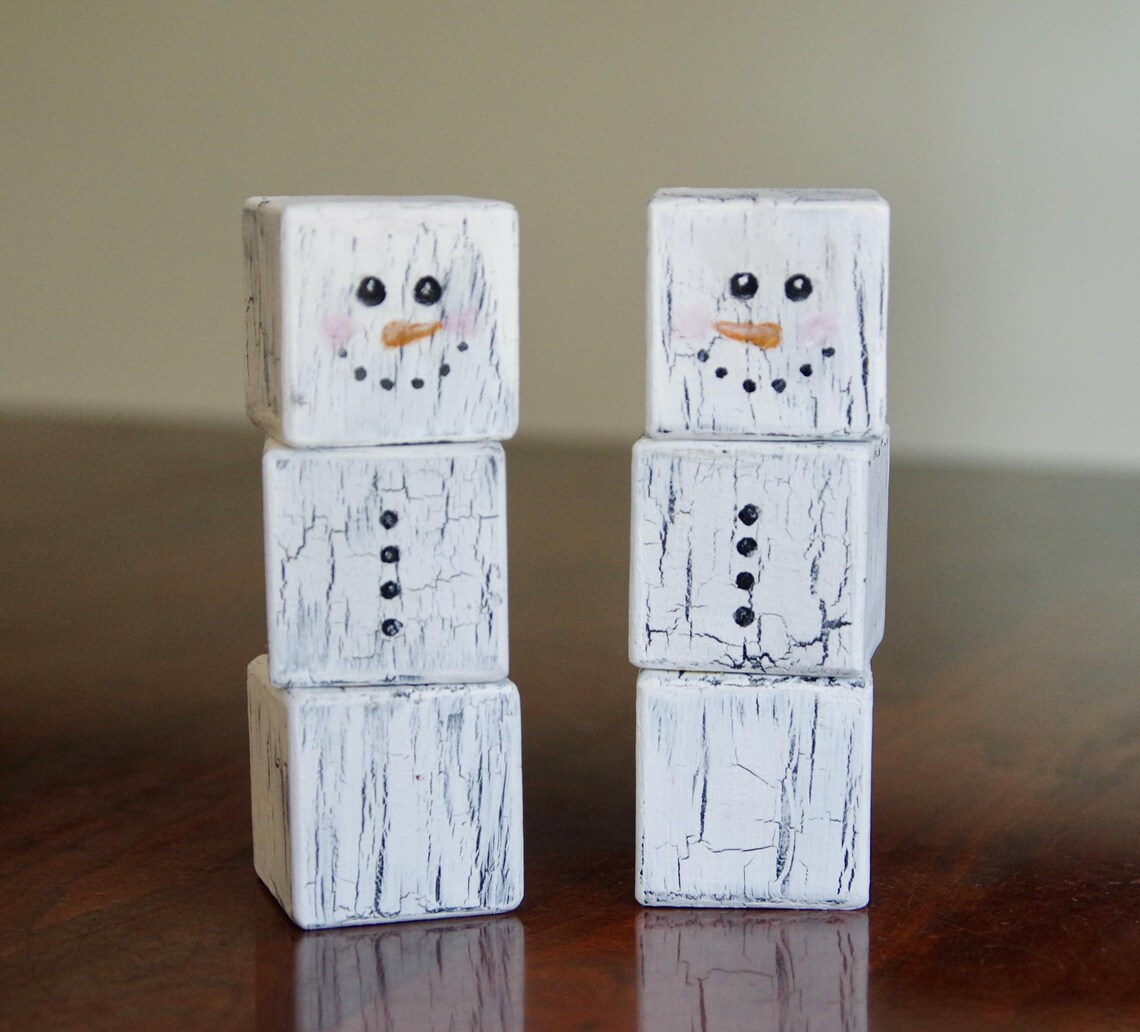 Wooden Block Hand Painted Snowmen Christmas Winter Decor Painted Wooden ...