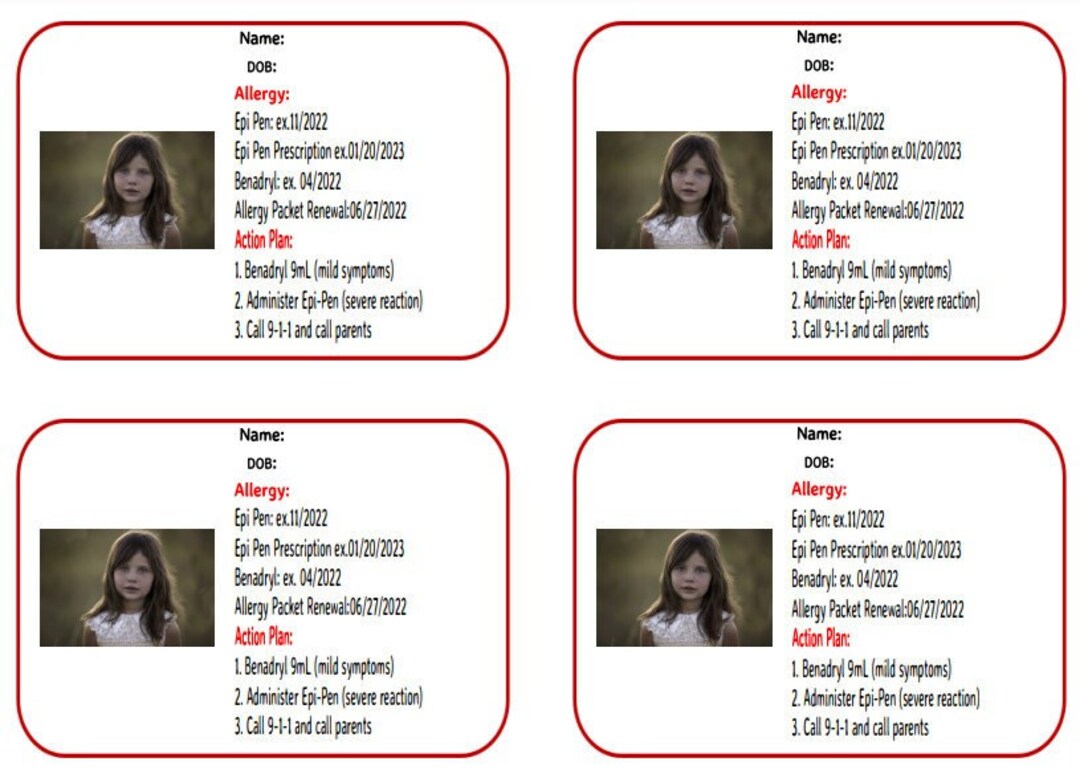 Epi Pen Card Labels, Health and Safety, Allergy, Printable Template ...