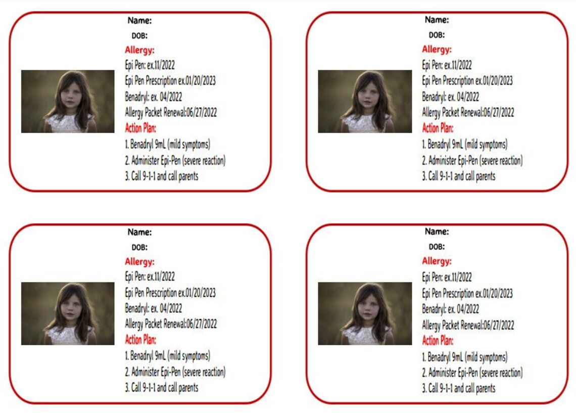 Epi Pen Card Labels, Health and Safety, Allergy, Printable Template ...