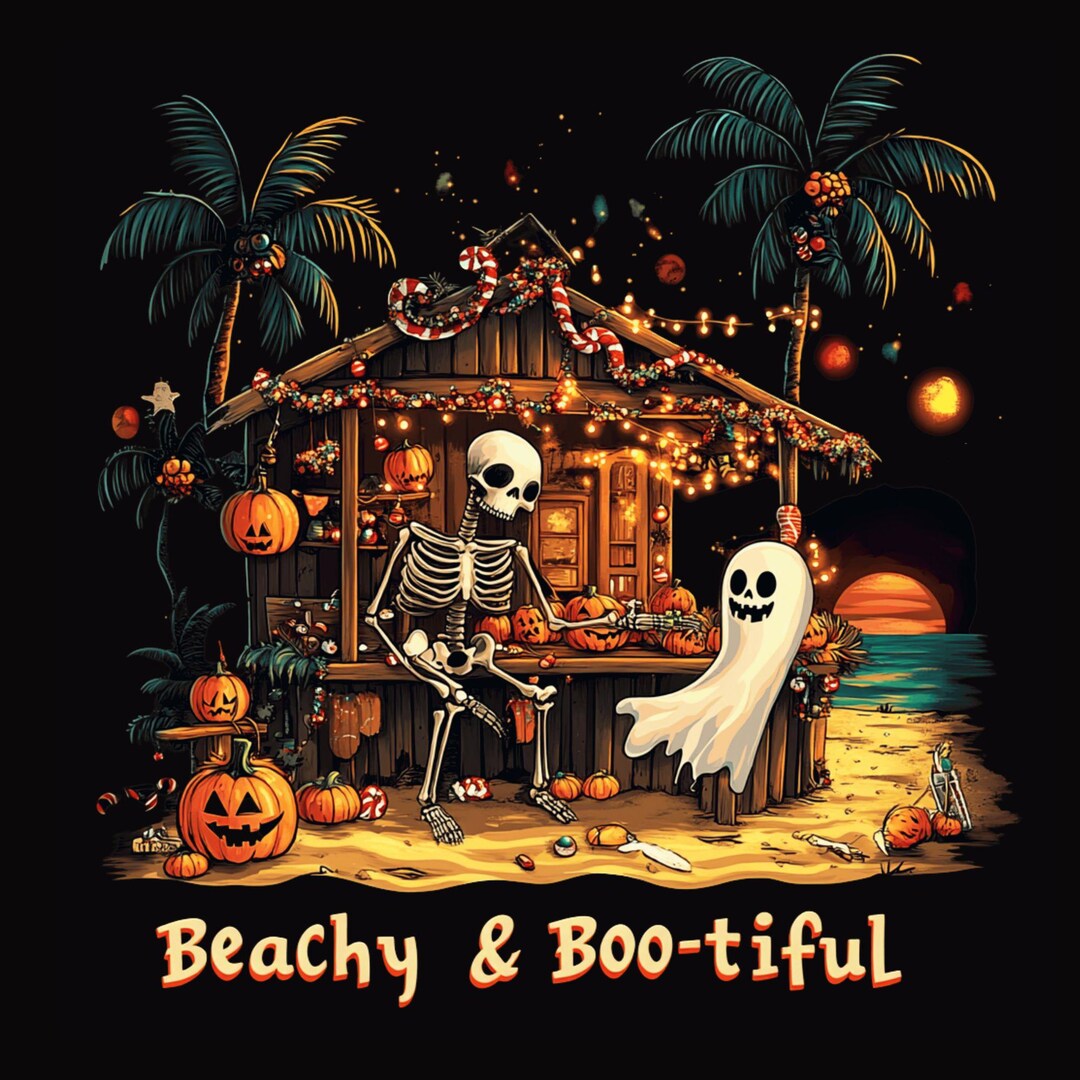 Beach Halloween Clipart PNG | Skeleton & Ghost With Palm Trees ...