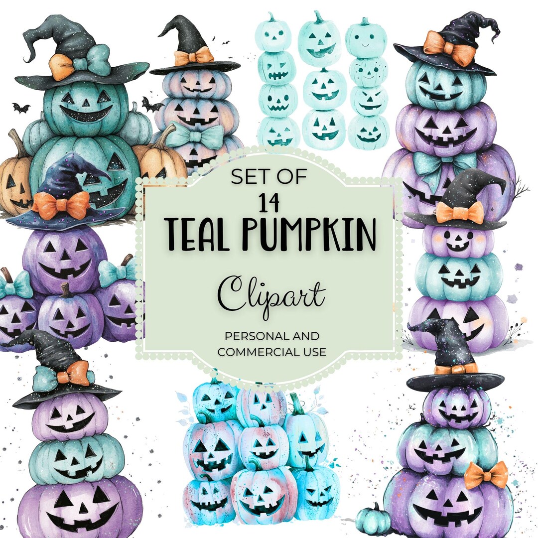 Teal Pumpkin Clipart, Pumpkin Clipart Bundle, Watercolor, Blue Pumpkin ...