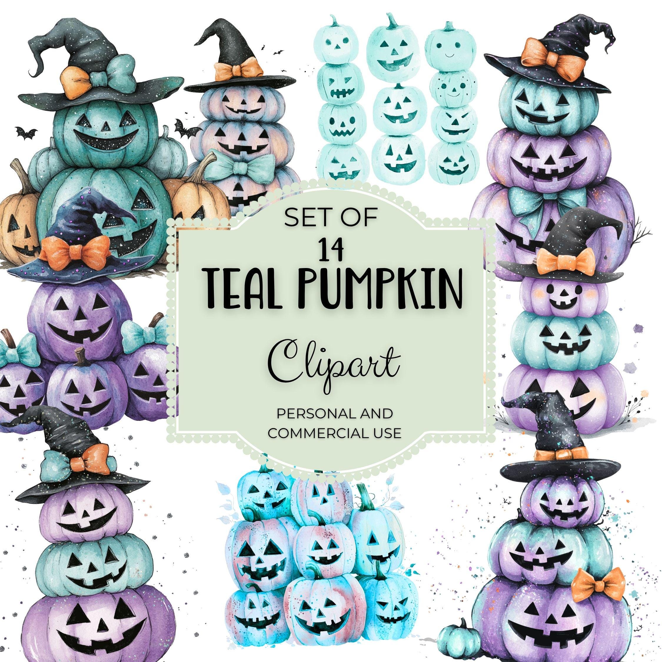 Teal Pumpkin Clipart, Pumpkin Clipart Bundle, Watercolor, Blue Pumpkin ...