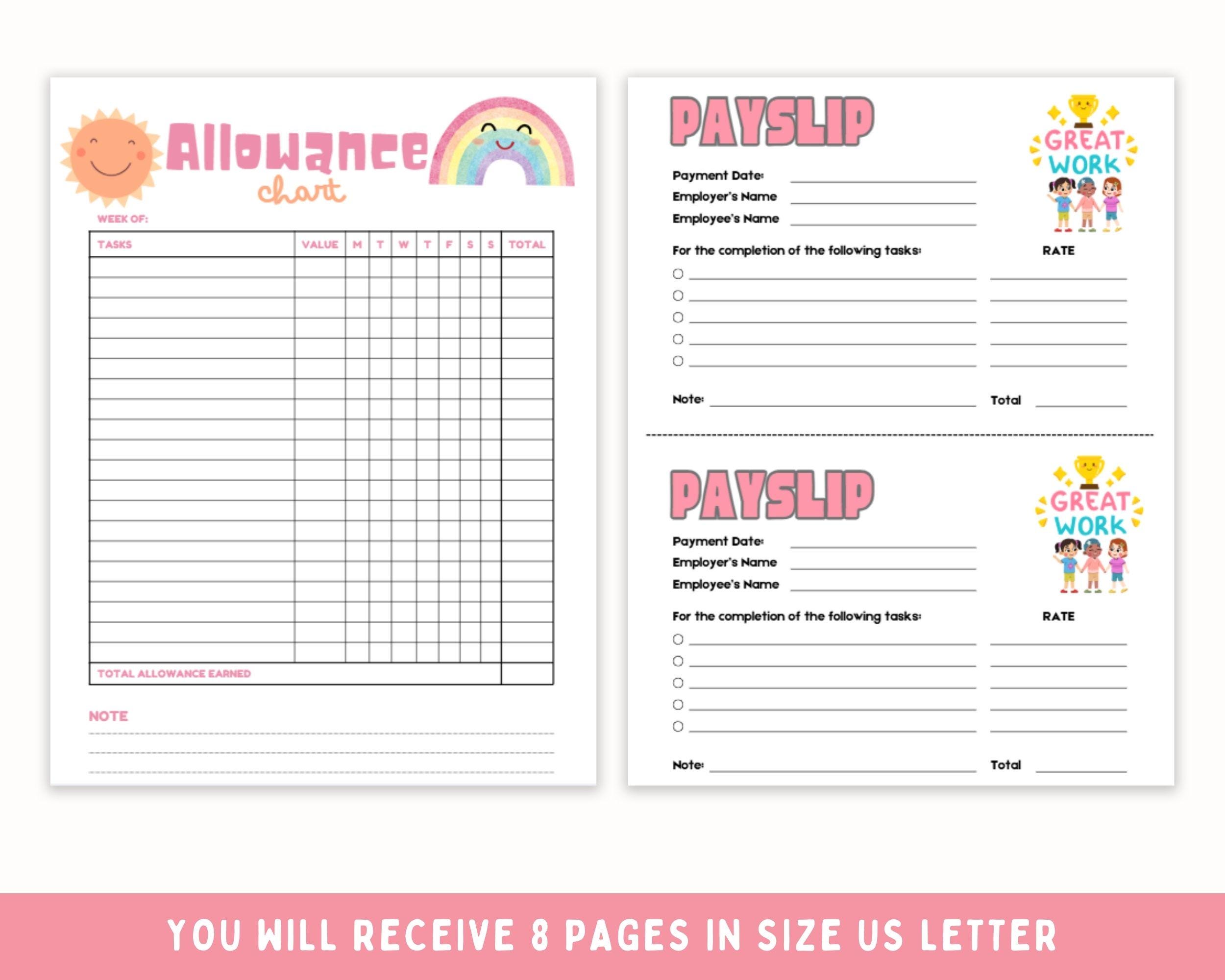 Printable Allowance Chart & Payslip for Girls | Kids Money Management ...