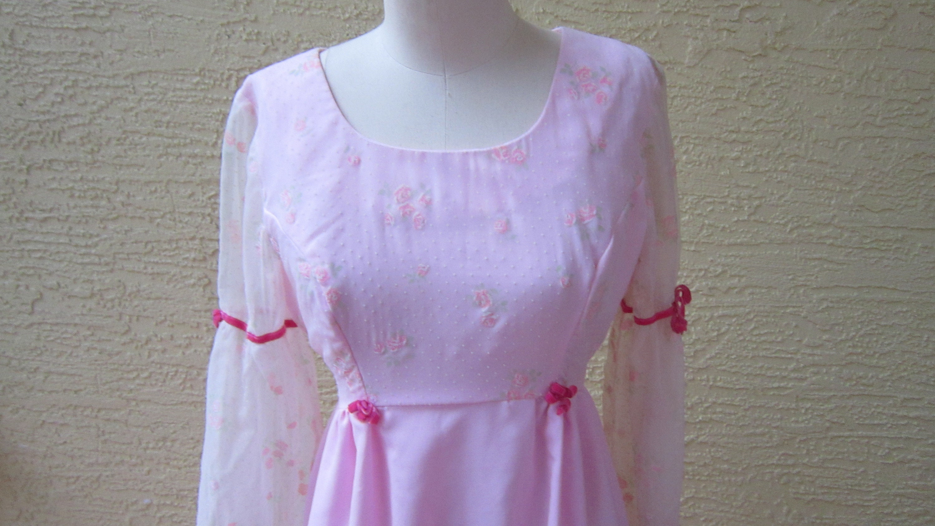 Vintage 1960's Handmade Pink Hippie Prairie Maxi Dress, Country Western ...