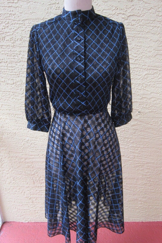 Vintage Rockabilly 1980's Black & Blue Sheer, Plaid, … - Gem