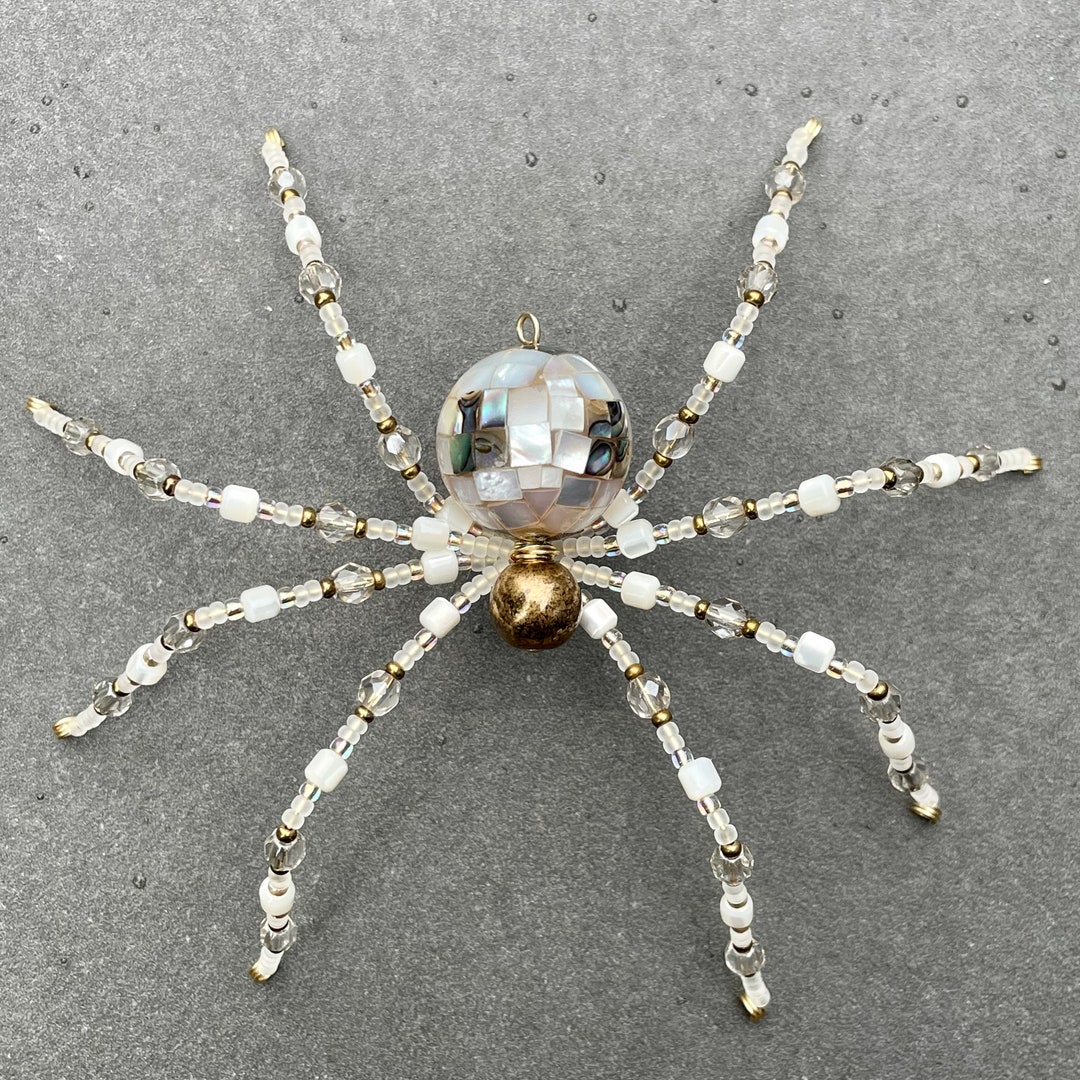Mosaic Mother of Pearl Handcrafted Beaded Spider, Gold, White & Abalone ...